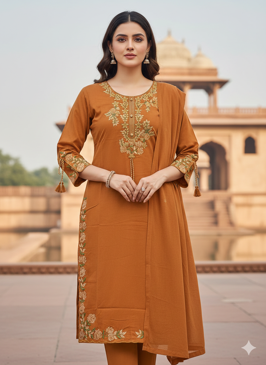 Orange Embroidered Cotton Kurta Set with Dupatta (3-Piece) – EmLeef